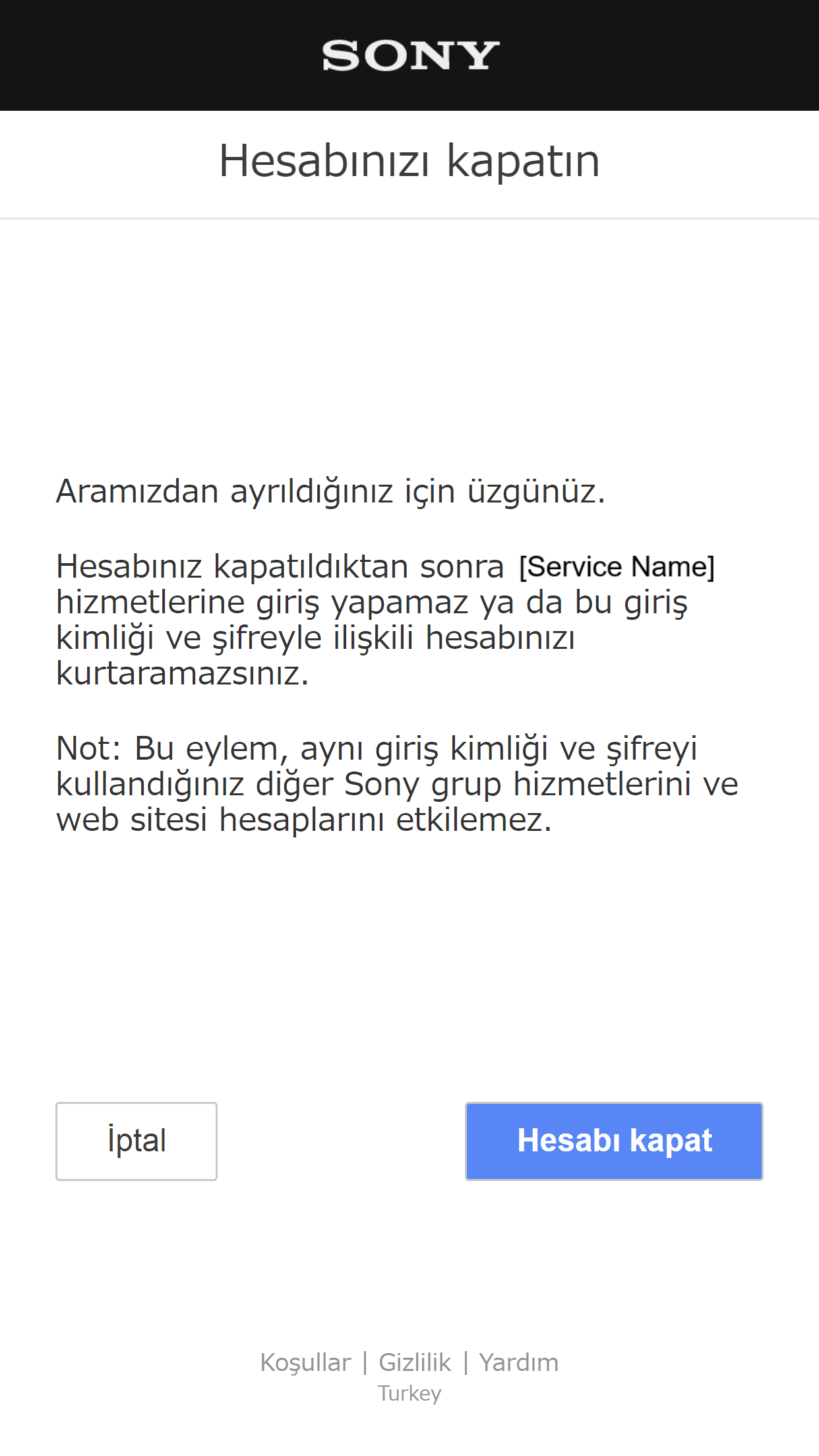 Sony Corporation - Hesabınızı kaldırma